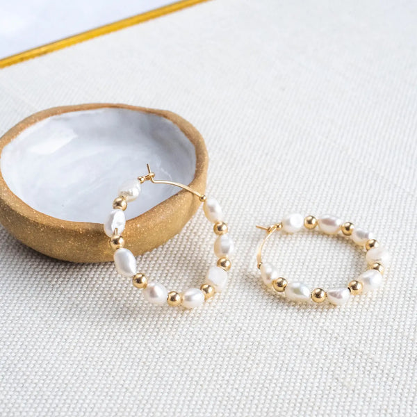 Ouroboros Pearl and Gold Bead Hoops – Marisa Mason